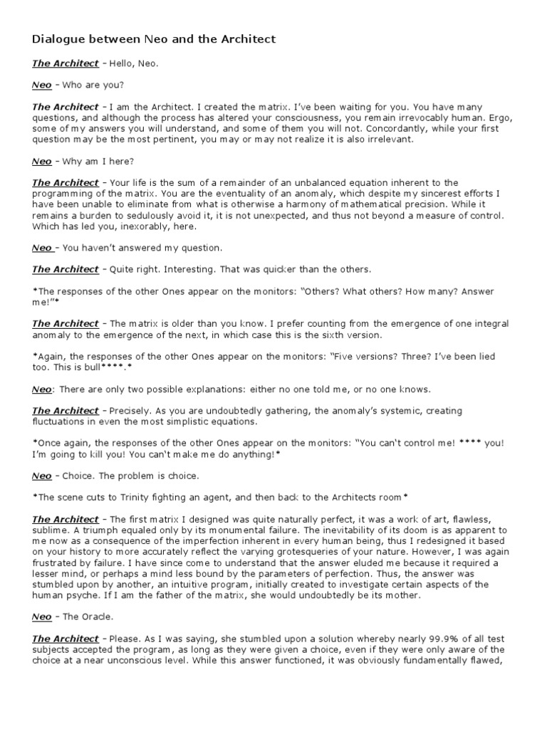 Dialogue Between Neo and The Architect | PDF