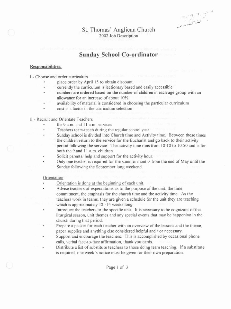 Sunday School Coordinator Job Description | PDF | Liturgical Year ...