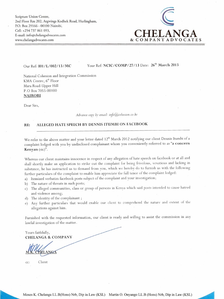 A Formal Letter To NCIC Over Hate Speech Allegations | PDF | Politics A Formal Letter To NCIC Over Hate Speech Allegations | PDF | Politics