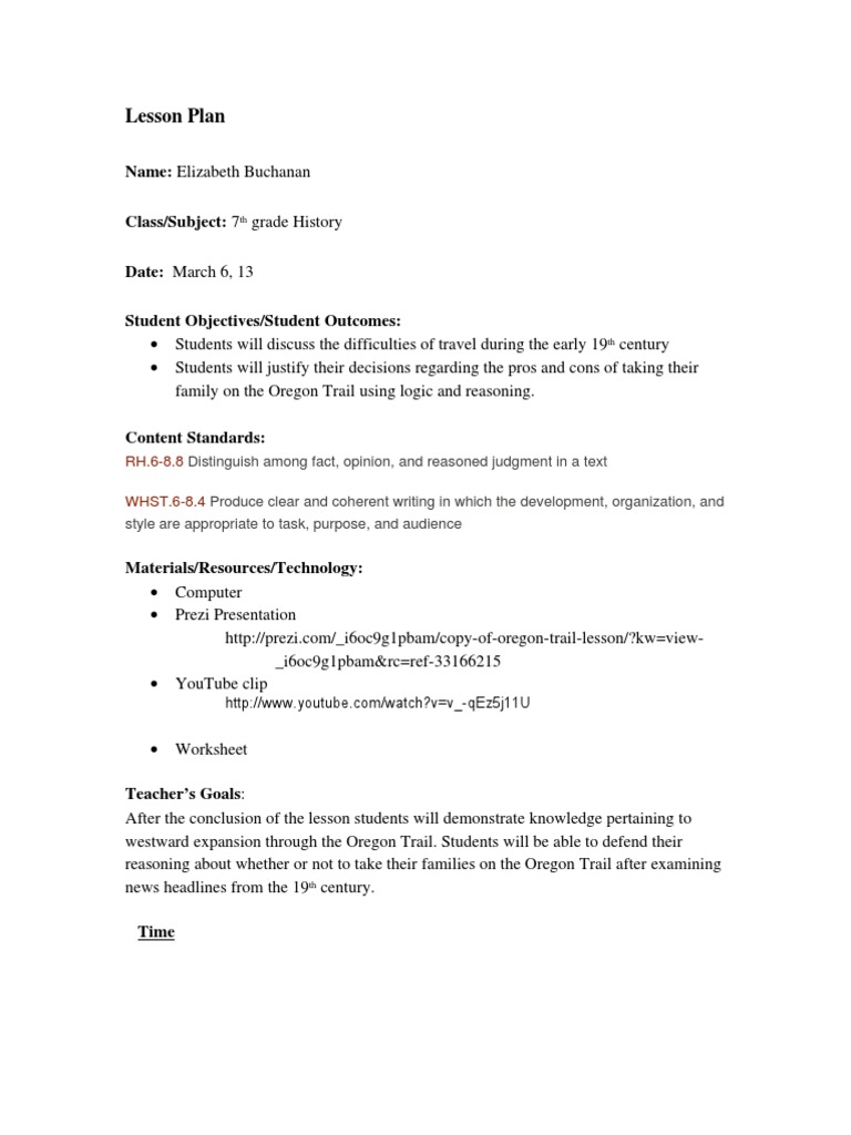 Oregon Trail Lesson Plan | PDF | Oregon Trail | Trail