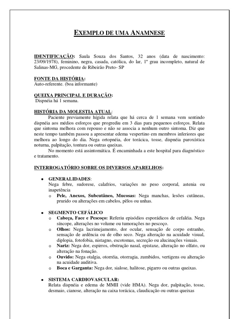 Exemplo de Uma Anamnese PDF | PDF | Vertigem | Doenças e distúrbios