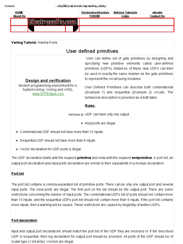 User Defined Primitives in Verilog - ElectroSofts3 | PDF | Digital Electronics | Digital Technology