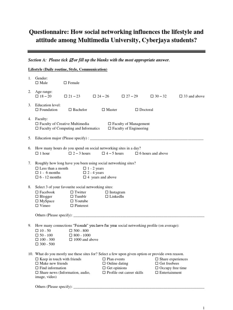 Social Networking Questionnaire | PDF | Social Networking Service ...