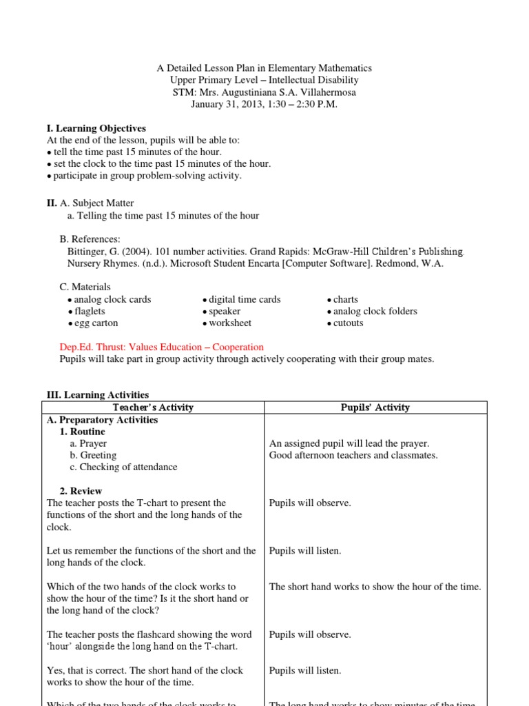 Telling Time: 15-Minute Lesson Plan | PDF | Clock | Time