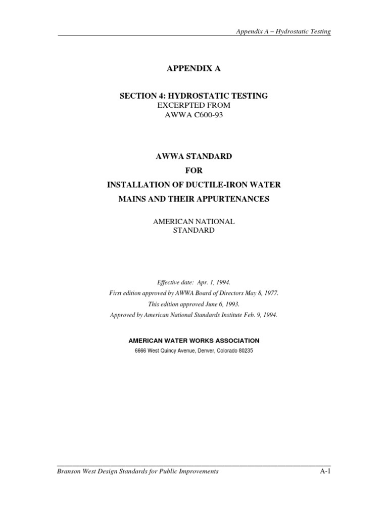 Hydrostatic Testing Awwa 600 | PDF | Pressure | Litre