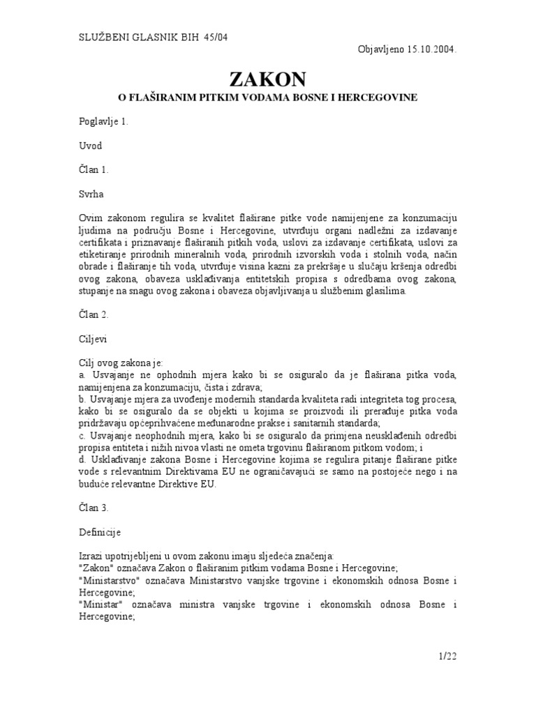 Zakon o Flasiranim Pitkim Vodama Bosne I Hercegovine | PDF