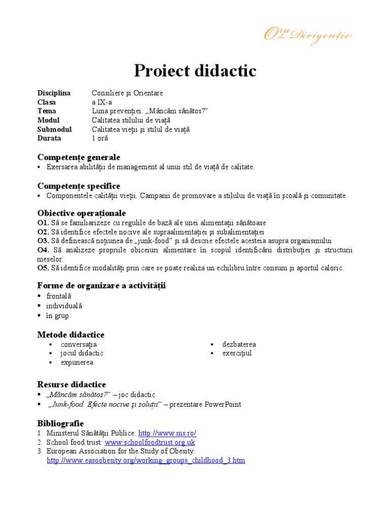 Mancam Sanatos Proiect Didactic | PDF