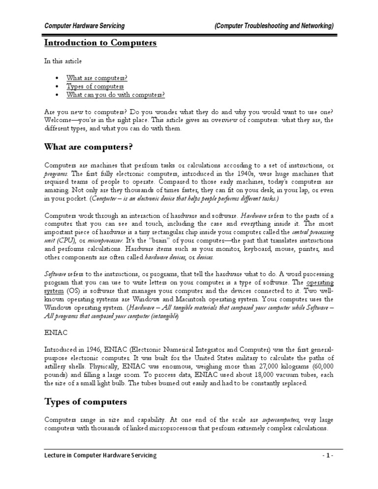 Computer Hardware Servicing NC II Module Part 1 Reviewer | PDF ...