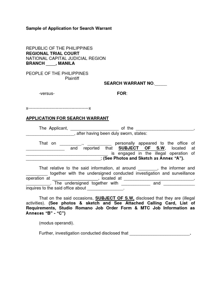Sample of Application for Search Warrant | Affidavit | Complaint