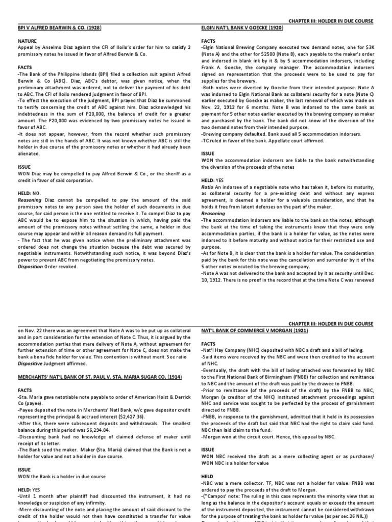 Campos Chapter 3 Case Digests | PDF | Negotiable Instrument | Cheque