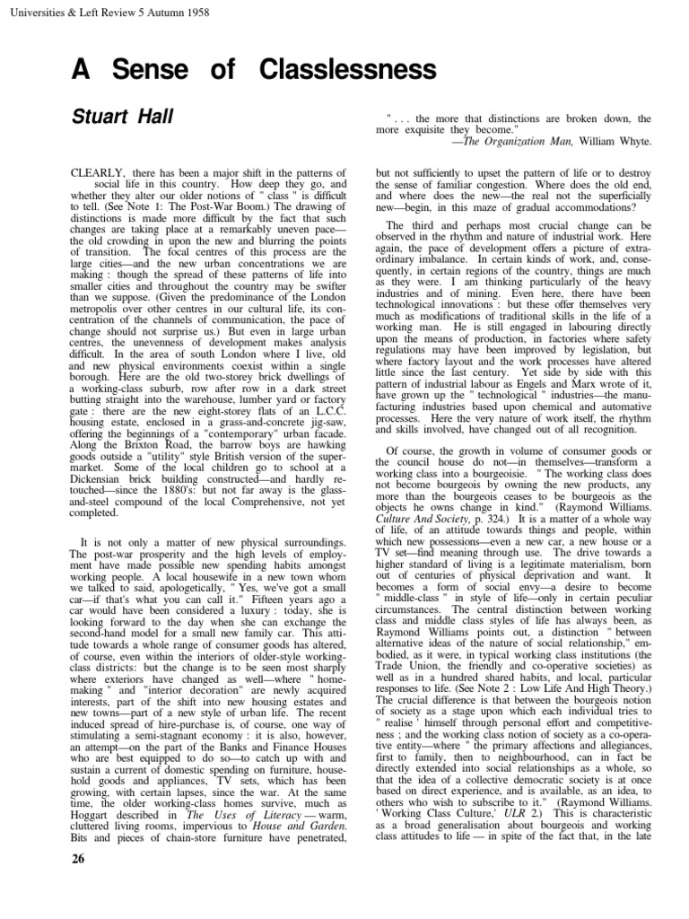 Stuart Hall - Sense of Classlessness | PDF | Capitalism | Socialism