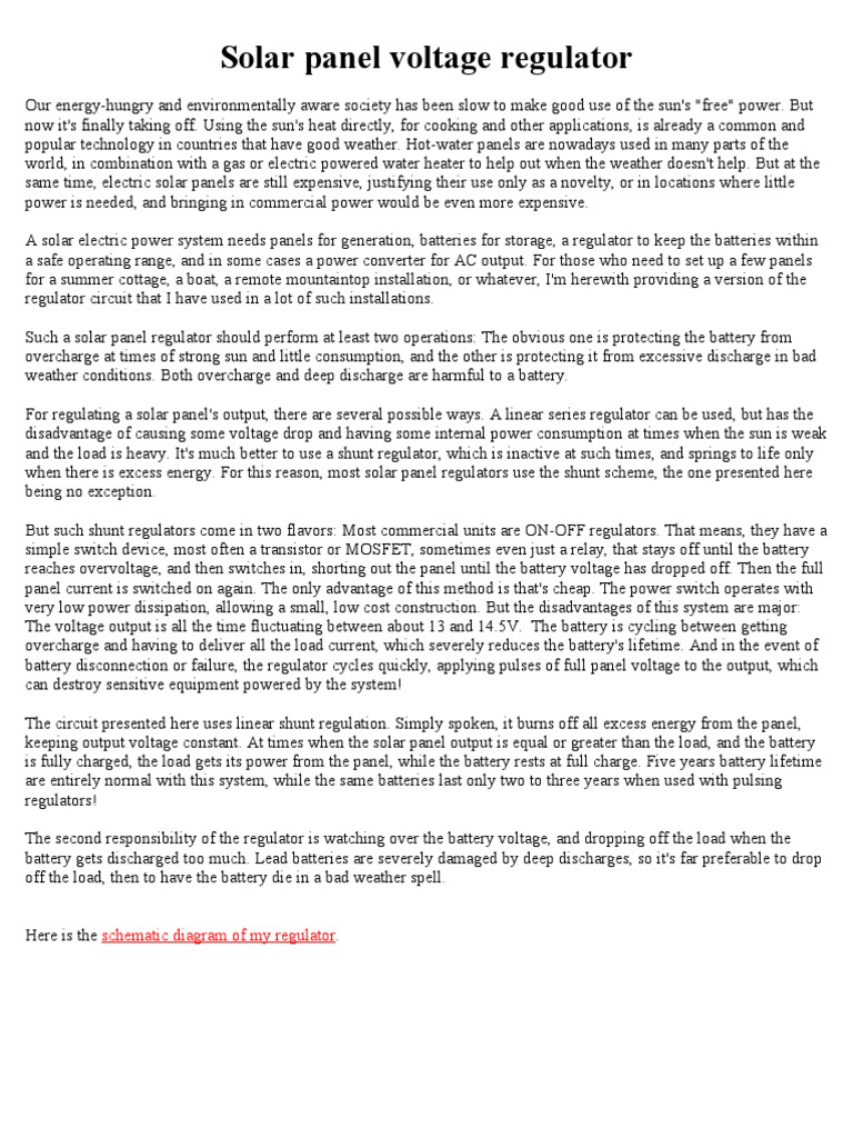 Solar Panel Voltage Regulator: Schematic Diagram of My Regulator | PDF