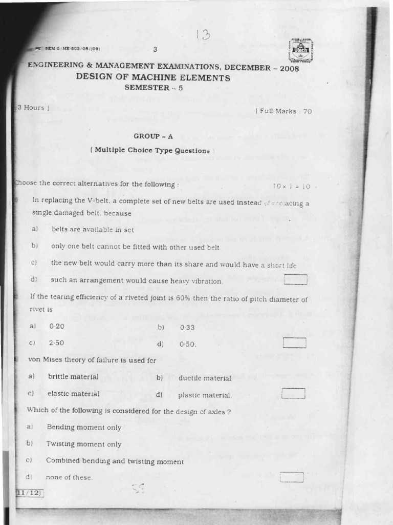 WBUT B. Tech Mechanical Engineering Fifth Semester Design of Machine Elements (ME-503) Exam4 ...
