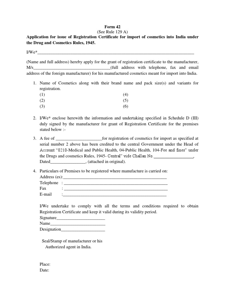 Form 42-Cosmatics Import Registration | PDF