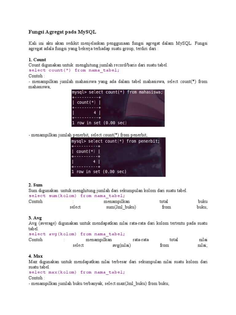 Fungsi Agregat Pada MySQL | PDF | Metode & Bahan Ajar | Komputer