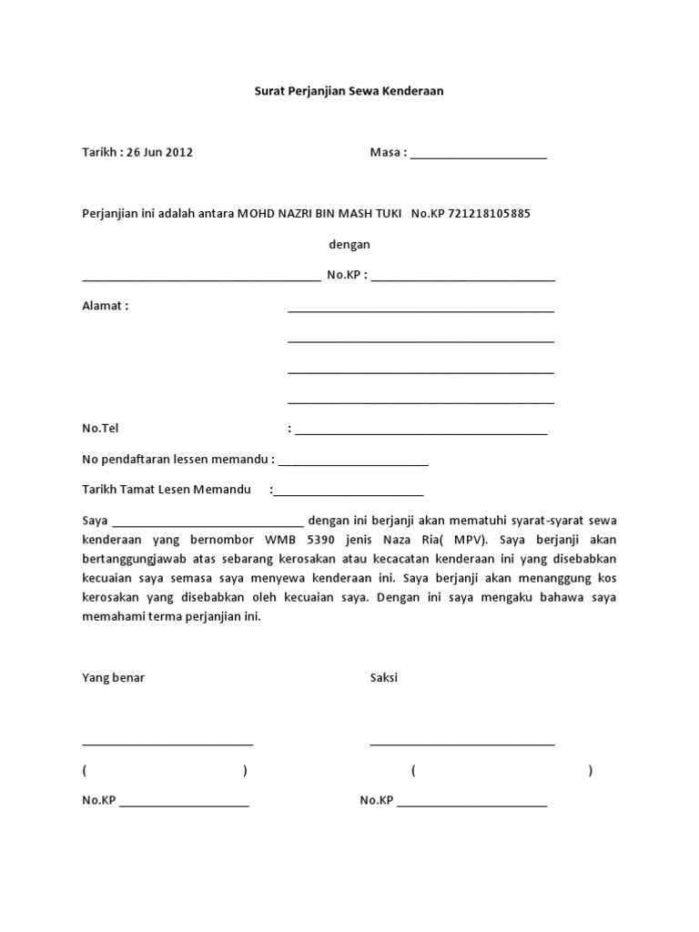 Surat Perjanjian Sewa Kenderaan Pdf