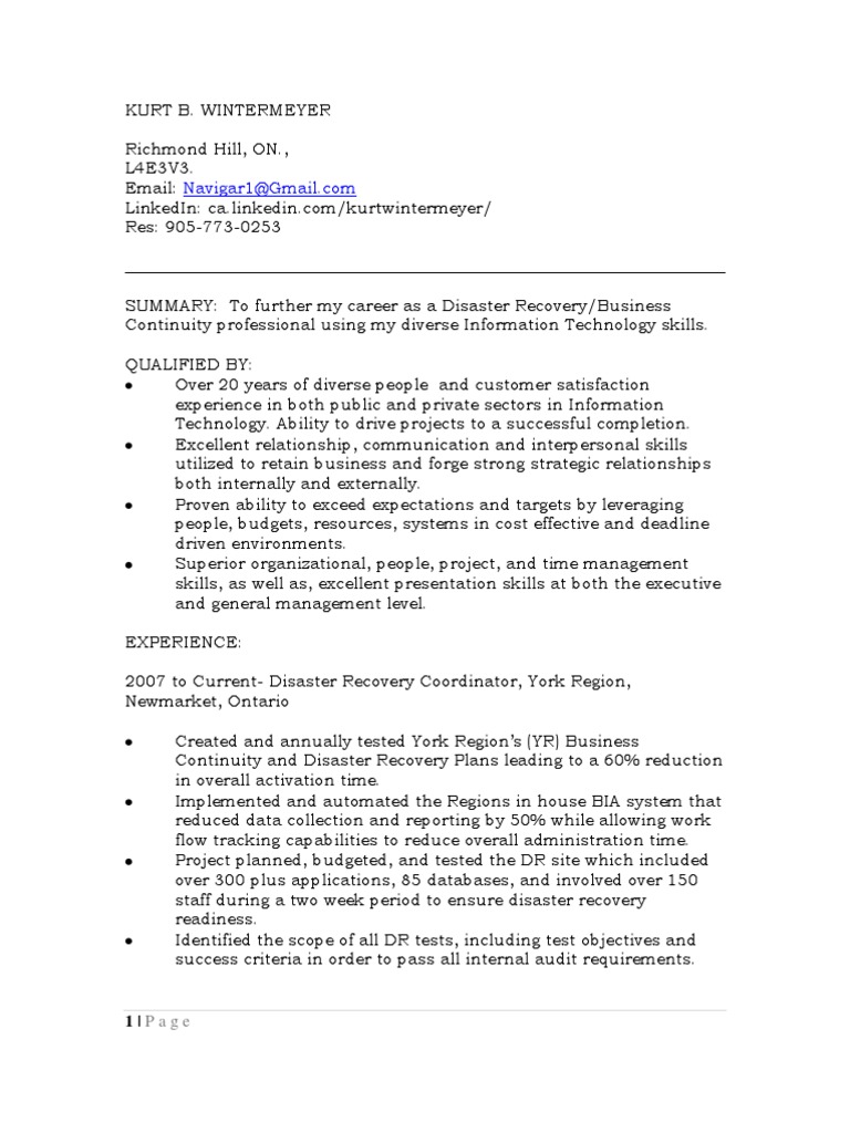 Disaster Recovery Coordinator in Toronto Ontario Canada Resume Kurt ...