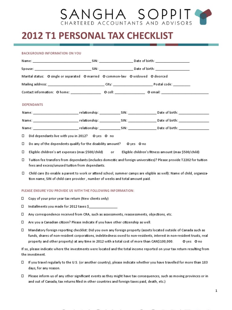 2012 T1 Personal Tax Checklist - Sangha Soppit CA | PDF | Expense | Pension