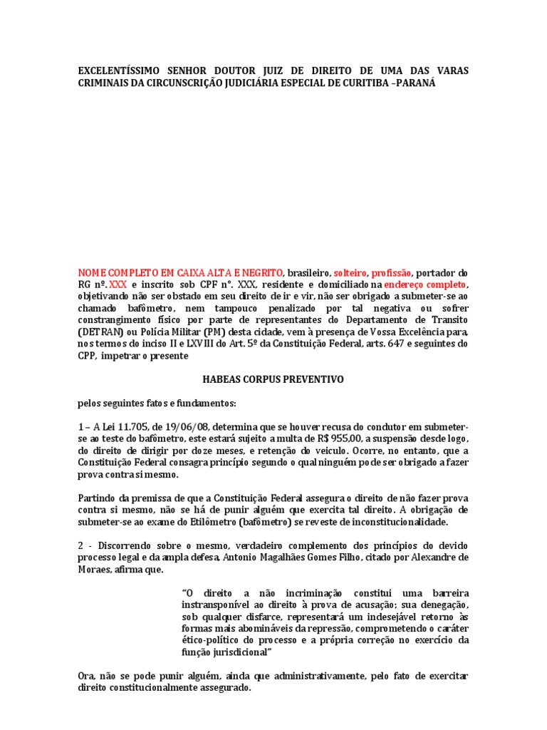 MODELO - HABEAS CORPUS PREVENTIVO - FAZER PROVA CONTRA SÍ MESMO ...