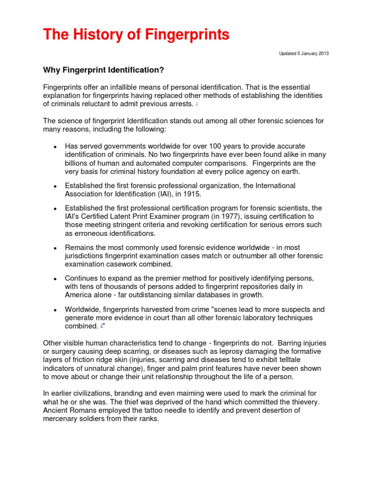 The History of Fingerprints | PDF | Fingerprint | Law Enforcement