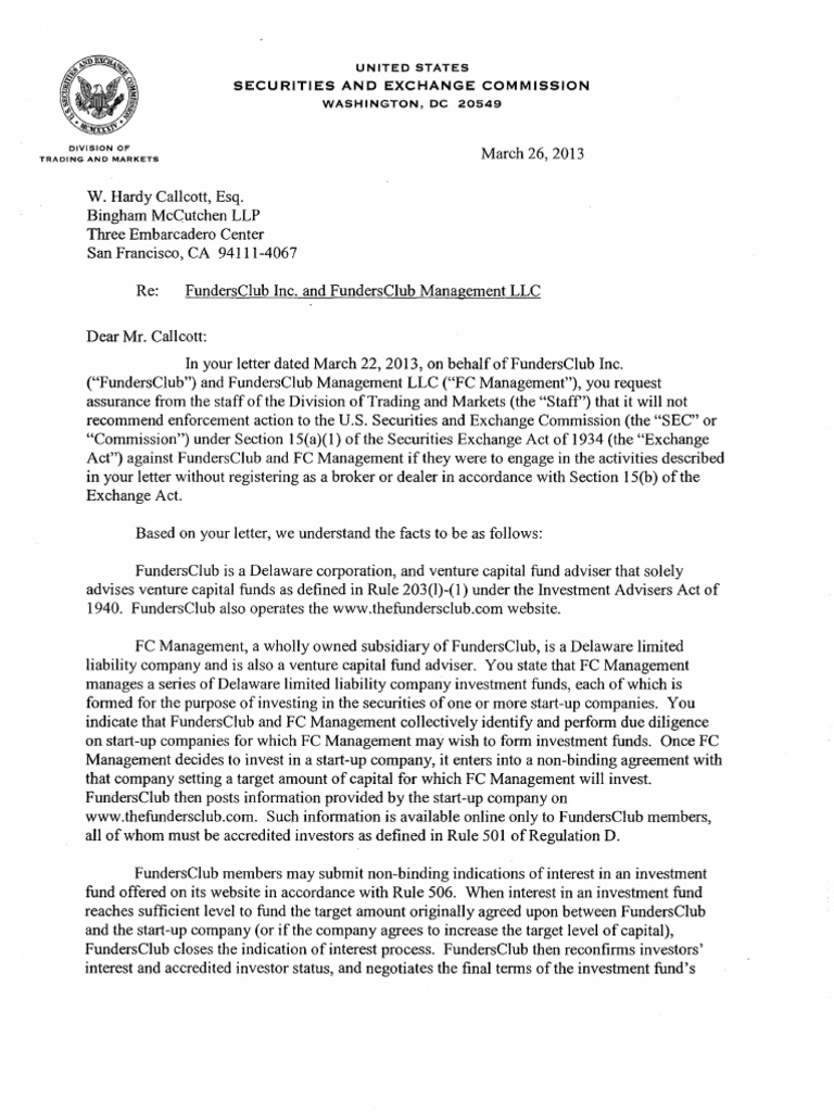 SEC No-Action Letter for FundersClub | PDF | Investment Fund | U.S ...