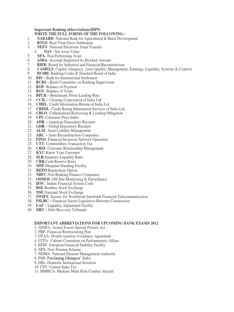 Important Banking Abbreviations and Their Full Forms | PDF | Bank For ...