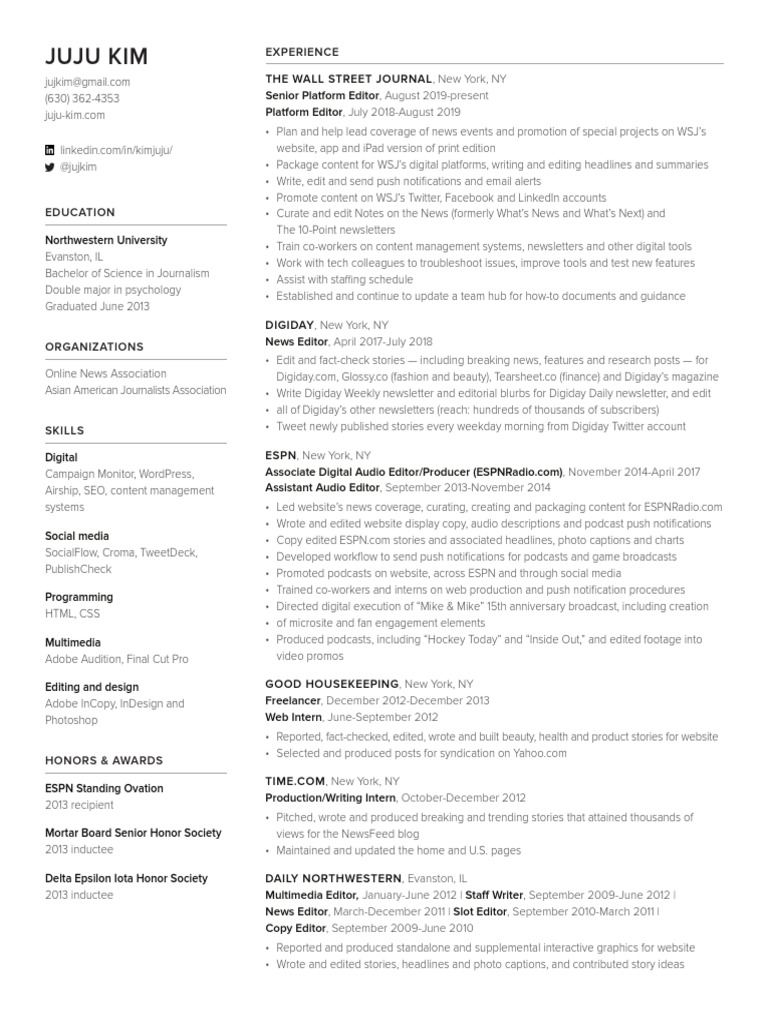JuJu Kim's Resume | PDF | The Wall Street Journal | Copy Editing