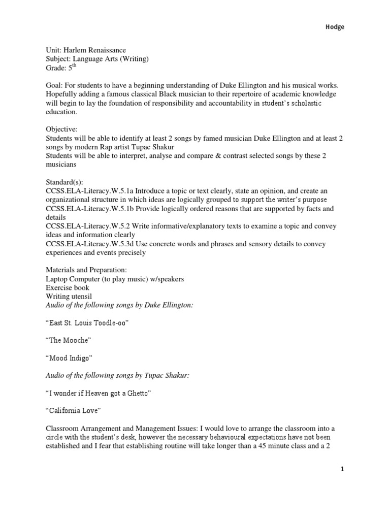 Harlem Renaissance-Lesson Plan 1 | PDF | Differentiated Instruction ...