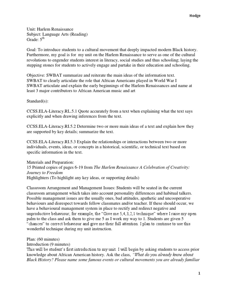 Harlem Renaissance-Lesson Plan 2 | PDF | Harlem Renaissance | African ...