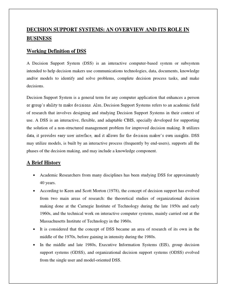 Decision Support Systems: An Overview and Its Role in Business Working ...