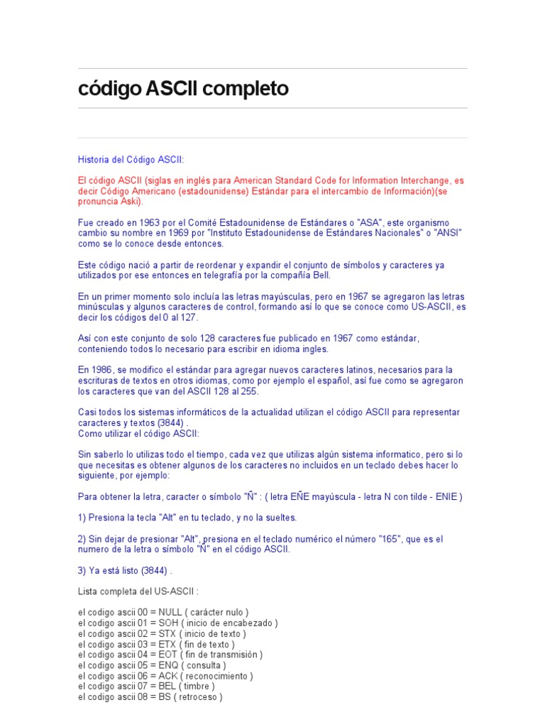 Código ASCII Completo | PDF | Memoria del ordenador | Almacenamiento de ...