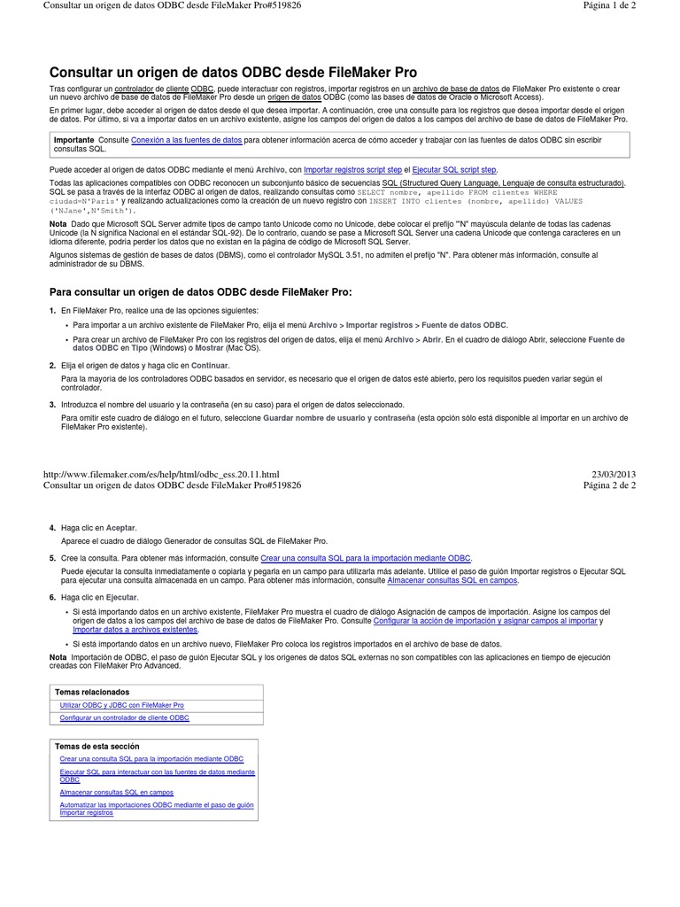 Consultar ODBC en FileMaker Pro | PDF | SQL | Servidor SQL de Microsoft
