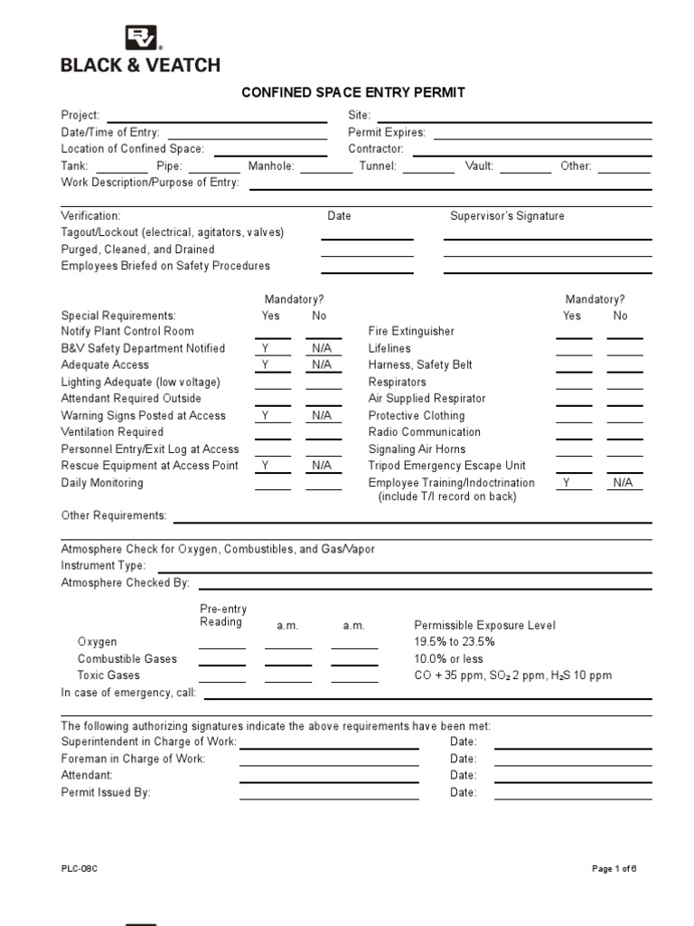 Confined Space Entry Permit | Occupational Safety And Health ...