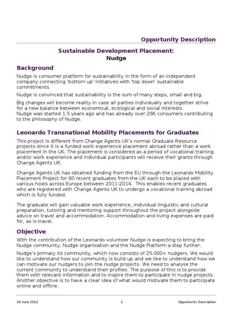 NUDGE Placement Description - Spring 2013 | PDF | Educational ...