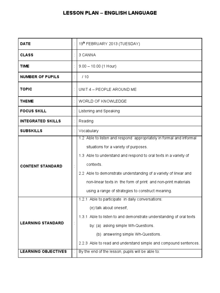 Lesson Plan - English Language: Date Class Time Number of Pupils Topic ...
