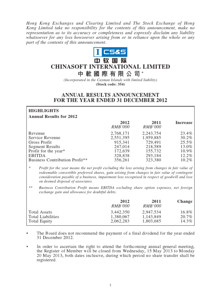 Chinasoft Int L - Annual Results Announcement For The Year Ended 31 ...