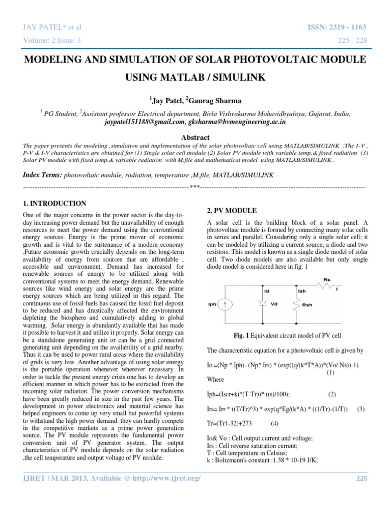 Modeling and Simulation of Solar Photovoltaic Module Using Matlab ...
