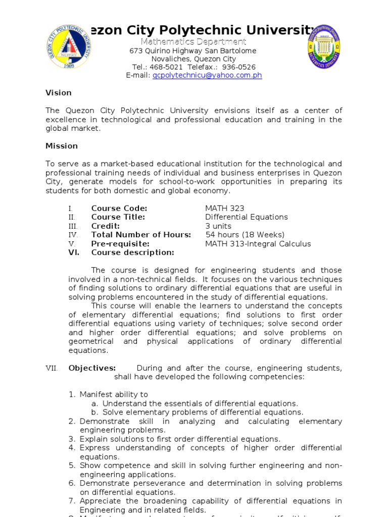 SYLLABUS in MATH 323-Differential Equations | PDF | Differential ...