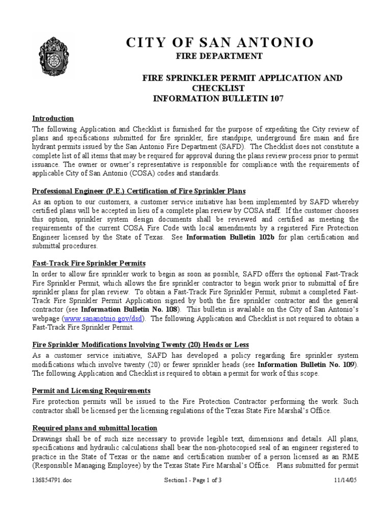 IB107 Fire Sprinkler Permit and Checklist | PDF