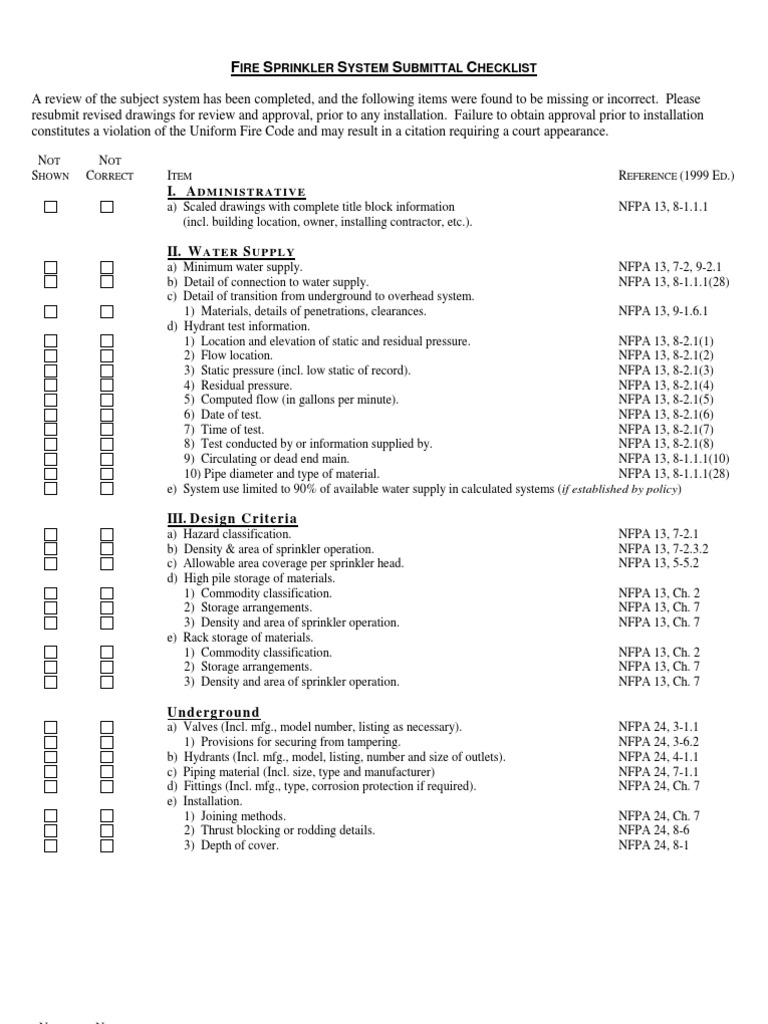 Nfpa - Fire Sprinkler System Checklist | PDF