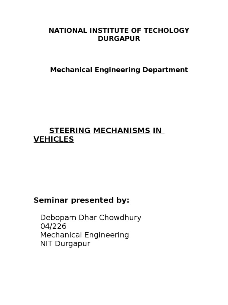 Steering Mechanisms in Vehicles: National Institute of Techology ...