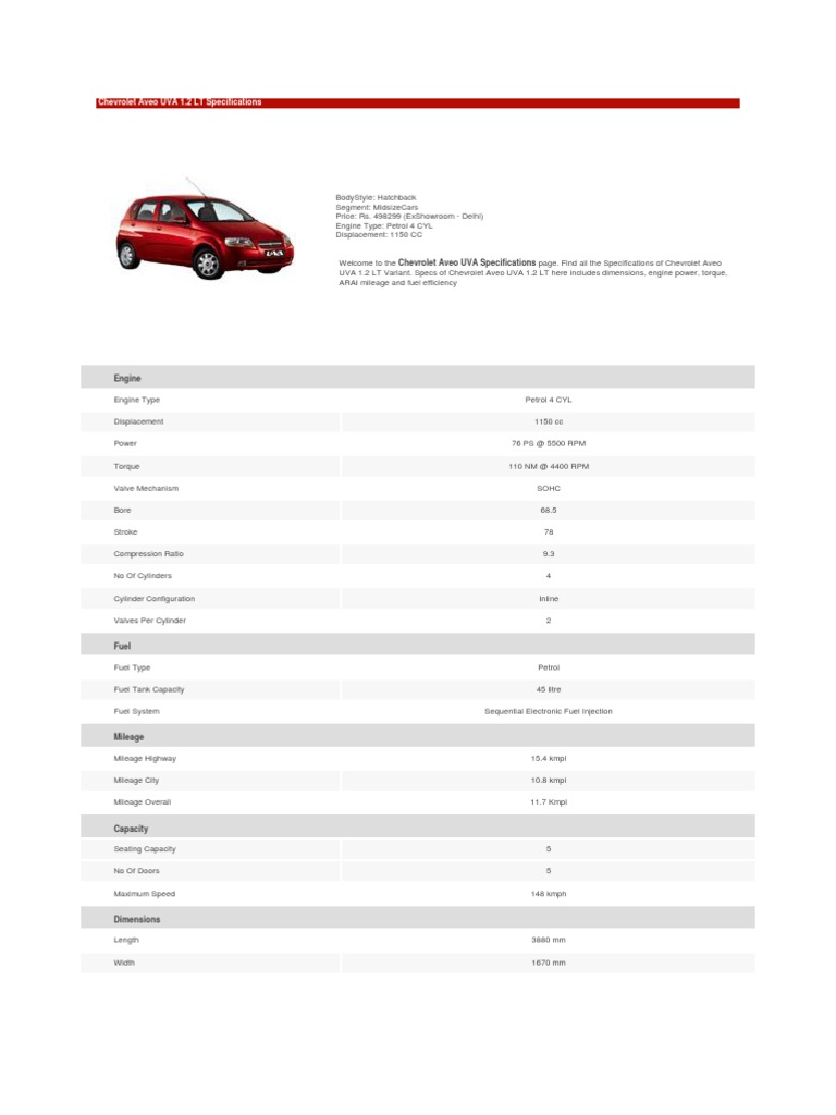 Chevrolet Aveo UVA 1.2 LT Specs | PDF