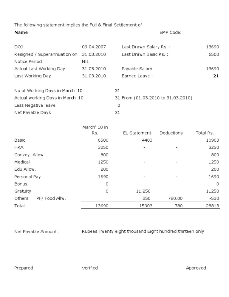 Full and Final Settlement Format | PDF | Payments | Taxes