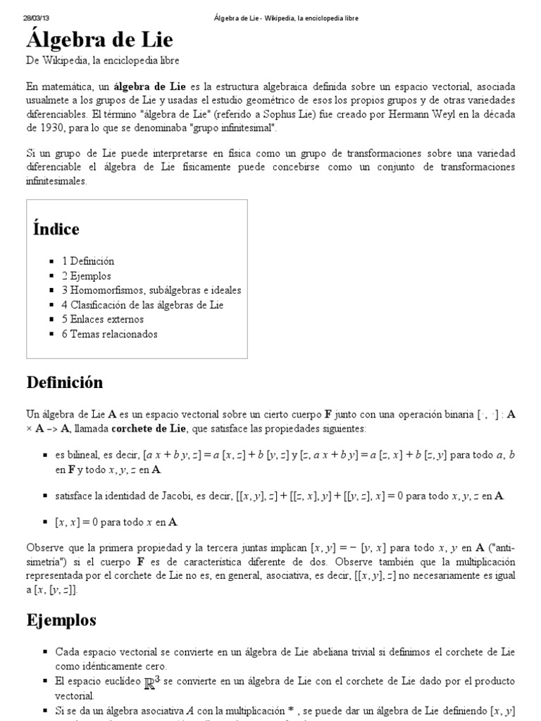 Álgebra de Lie - Wikipedia, la enciclopedia libre | Algebra de mentiras ...