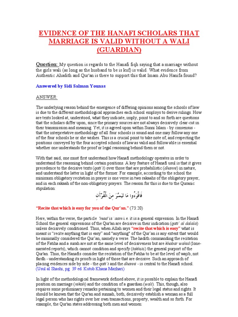 Evidence of Hanafi Scholars That Marriage Is Valid Without A Guardian ...