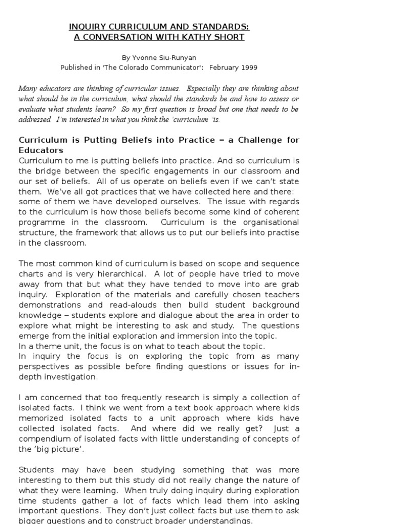 Inquiry Curriculum and Standards: A Conversation With Kathy Short | PDF ...