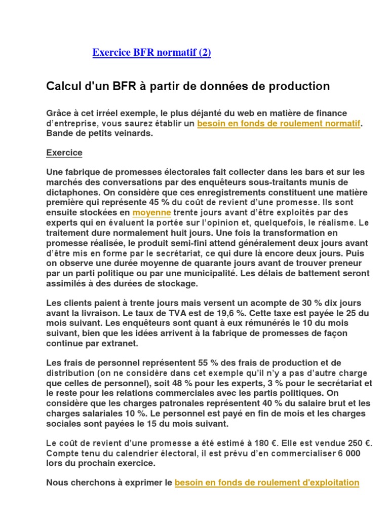 Exercice BFR Normatif | PDF | Salaires | Taxe sur la valeur ajoutée