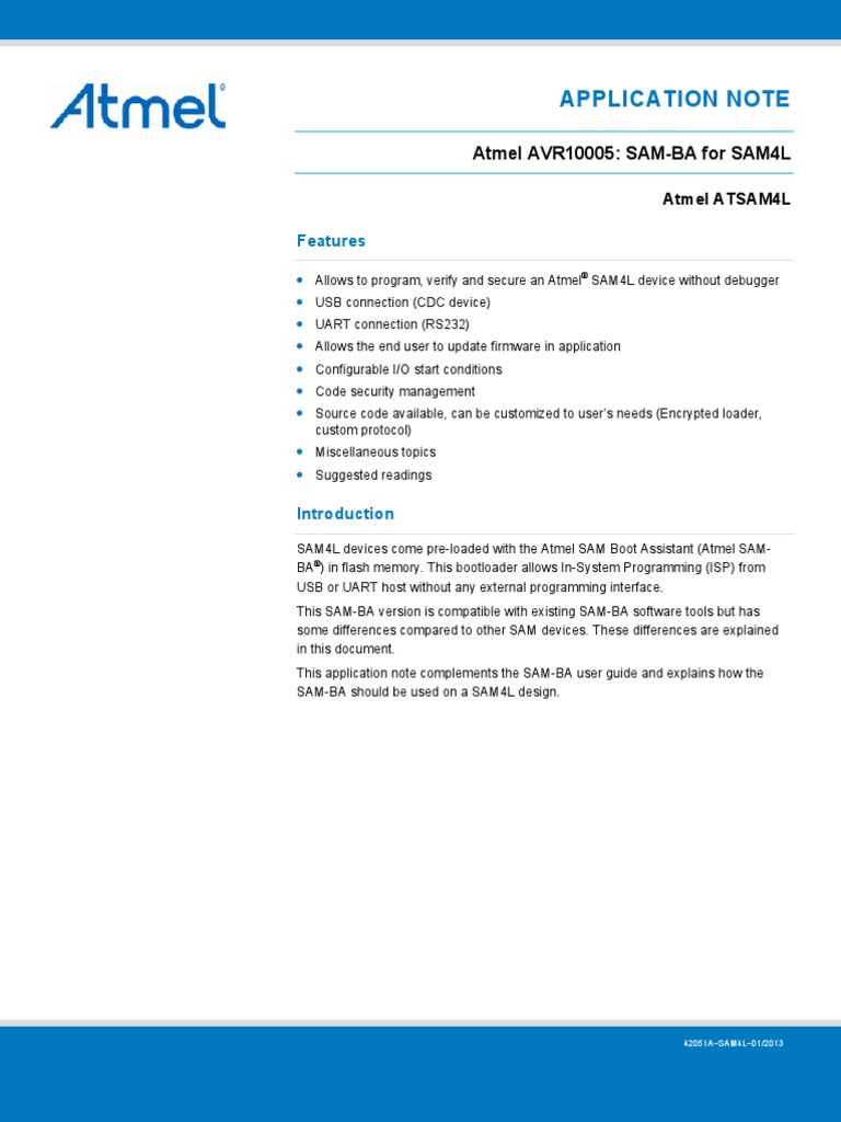 Atmel 42051 SAM BA For SAM4L Application Note AVR10005 | PDF | Booting | Flash Memory