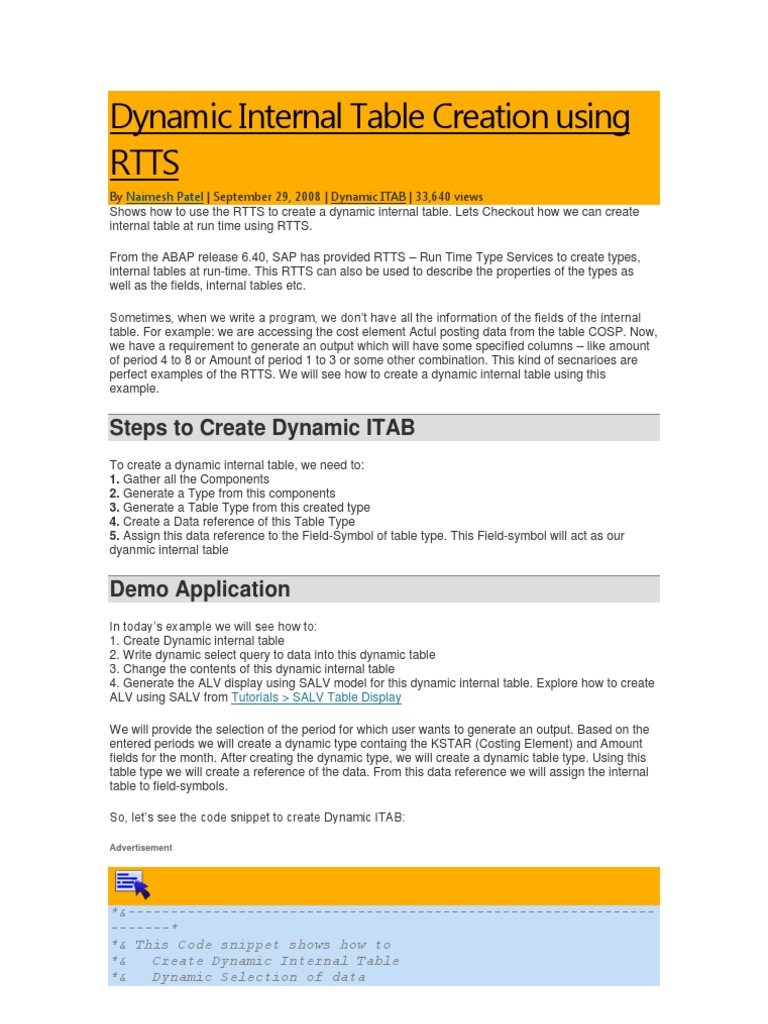 Dynamically Creating Internal Tables at Runtime Using ABAP's RTTS (Run Time Type Services) | PDF ...