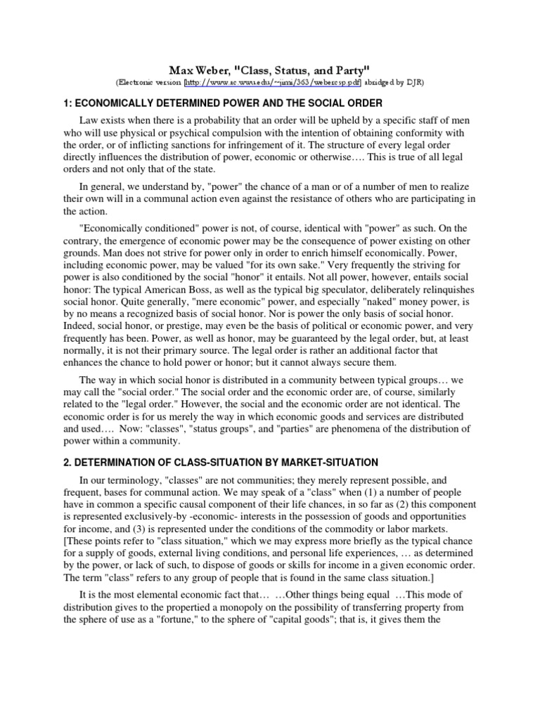 Weber Class Status Party PDF | PDF | Social Stratification | Monopoly